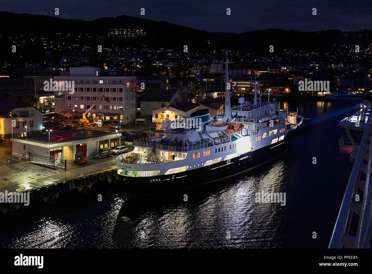 The Historic Hurtigruten Ferry, MS LOFOTEN, Moored In Molde At Night ...