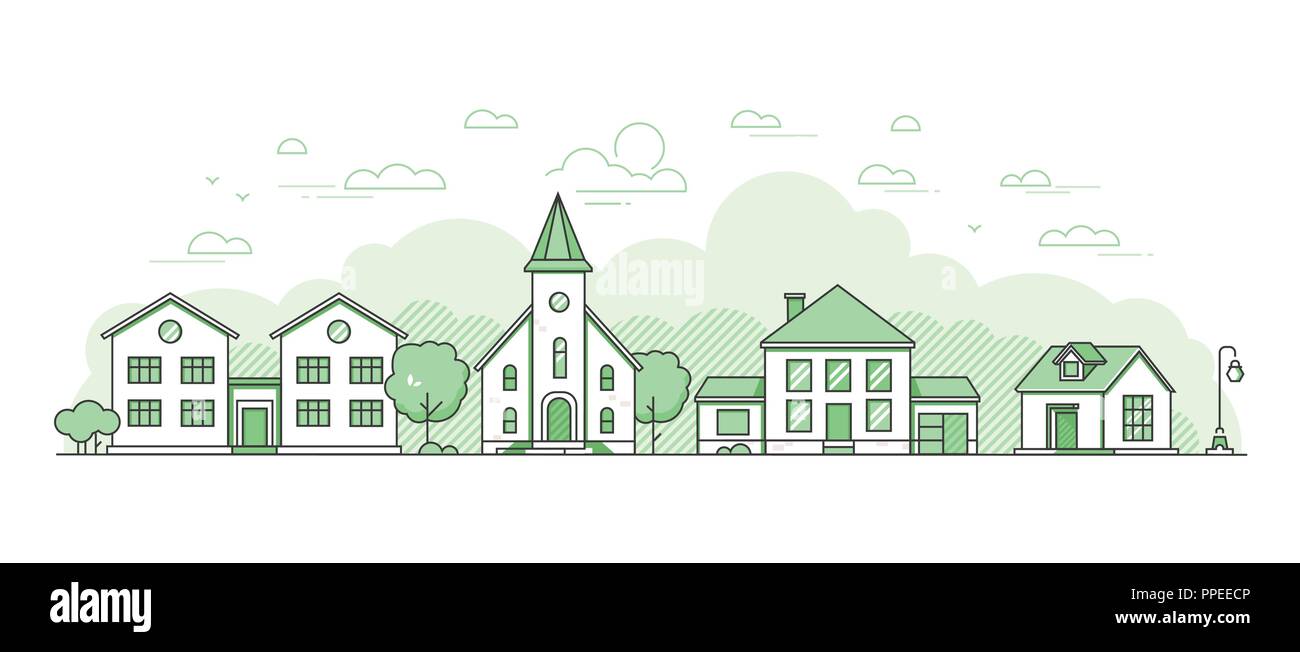 Suburban landscape - modern thin line design style vector illustration ...