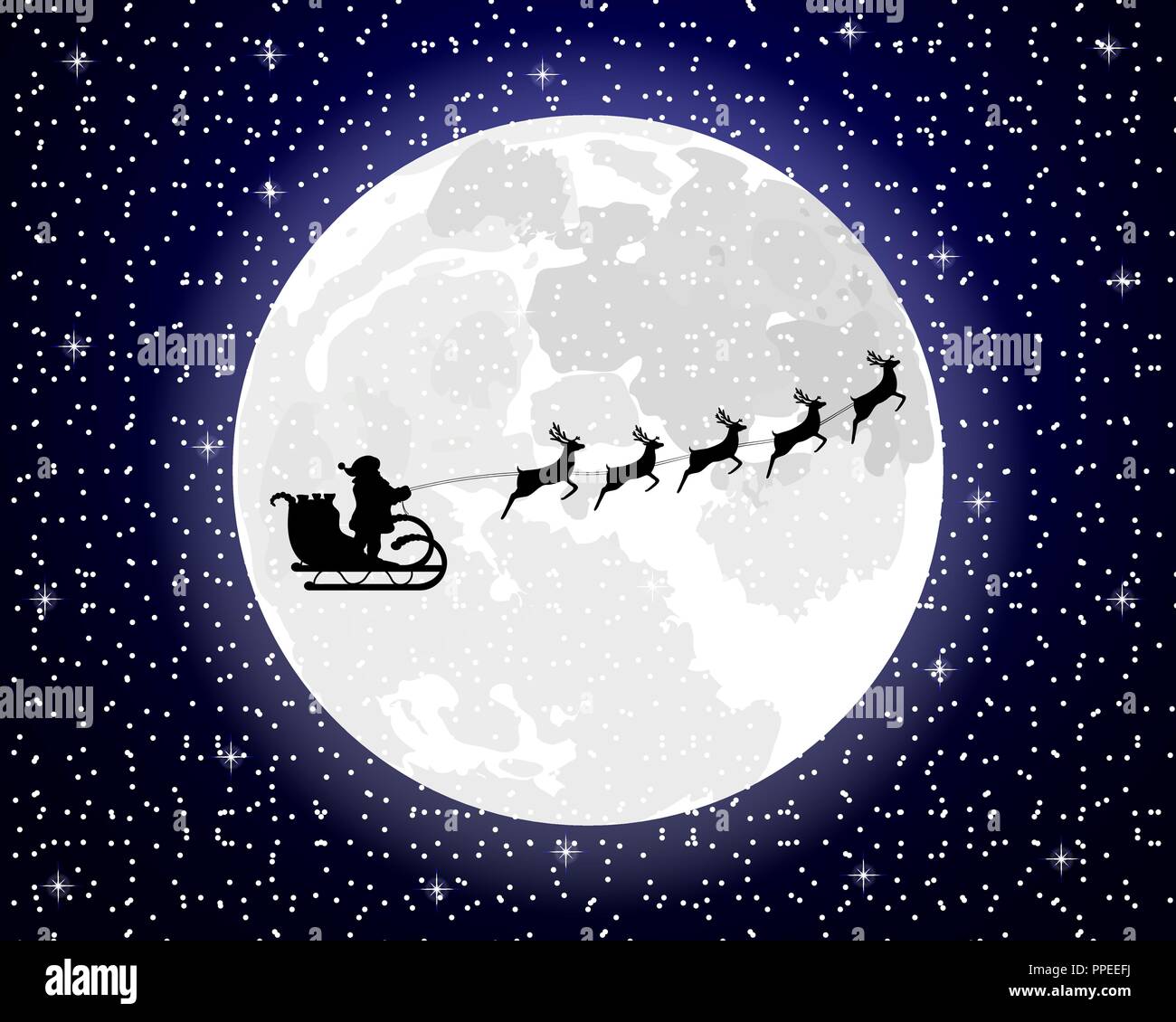 Santa Claus riding on a reindeer on a background of the full moon Stock ...