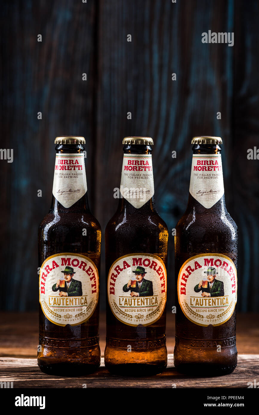 TARNOW, POLAND - SEPTEMBER 24, 2018: Frozen bottles of Italian beer ...