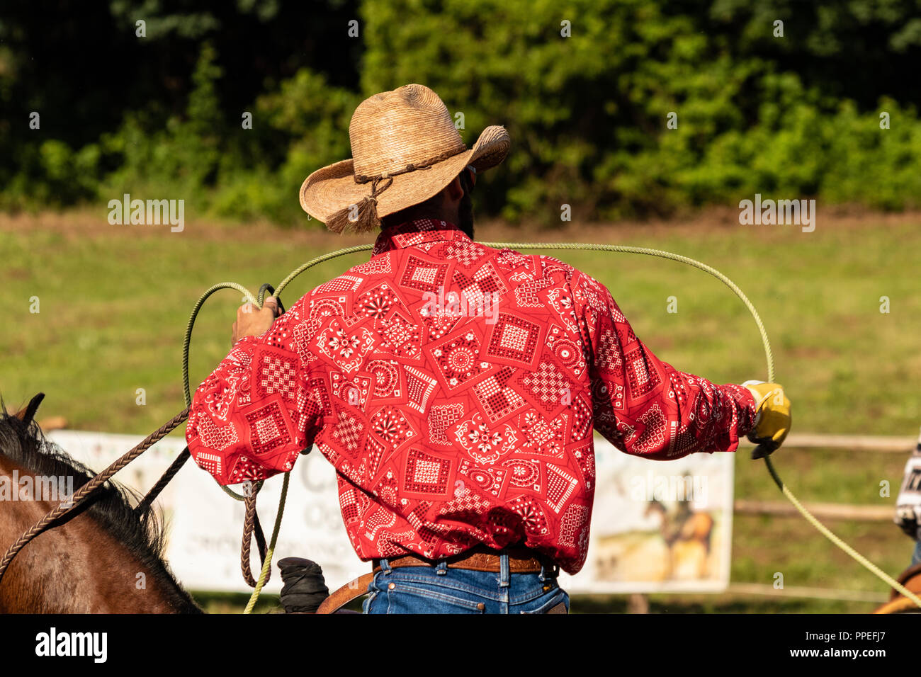 Italian and American Cowboys, warming up in an international rodeo show ...