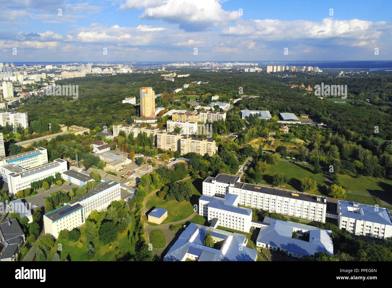 Aerial view of Kiev park and old famous exhibition complex VDNH ...