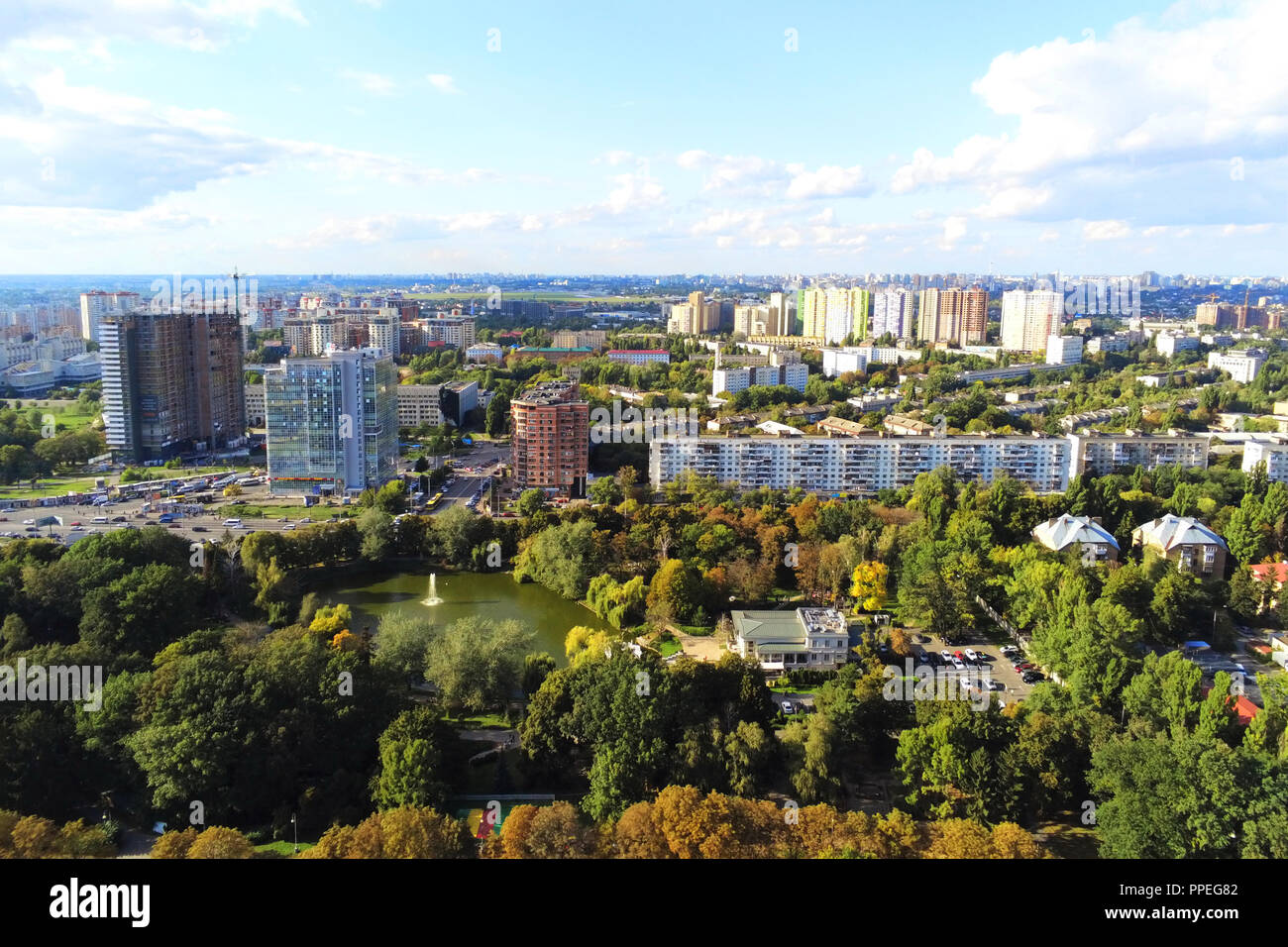 Aerial view of Kiev park and old famous exhibition complex VDNH ...