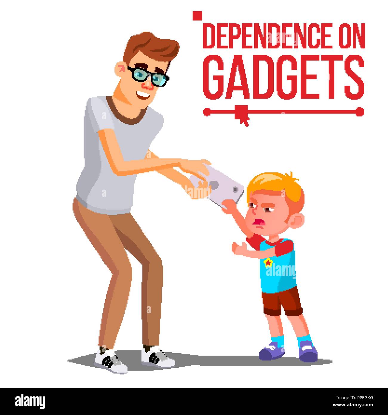 Children s Gadget Dependence Vector. Father Takes Smartphone From Son ...