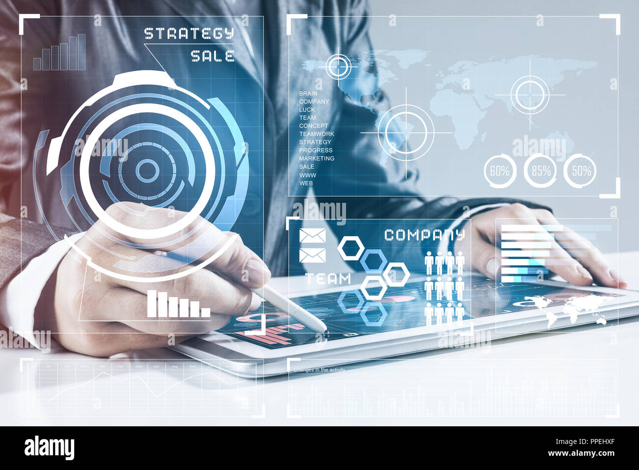 Media technologies for business as concept with woman working on Stock ...