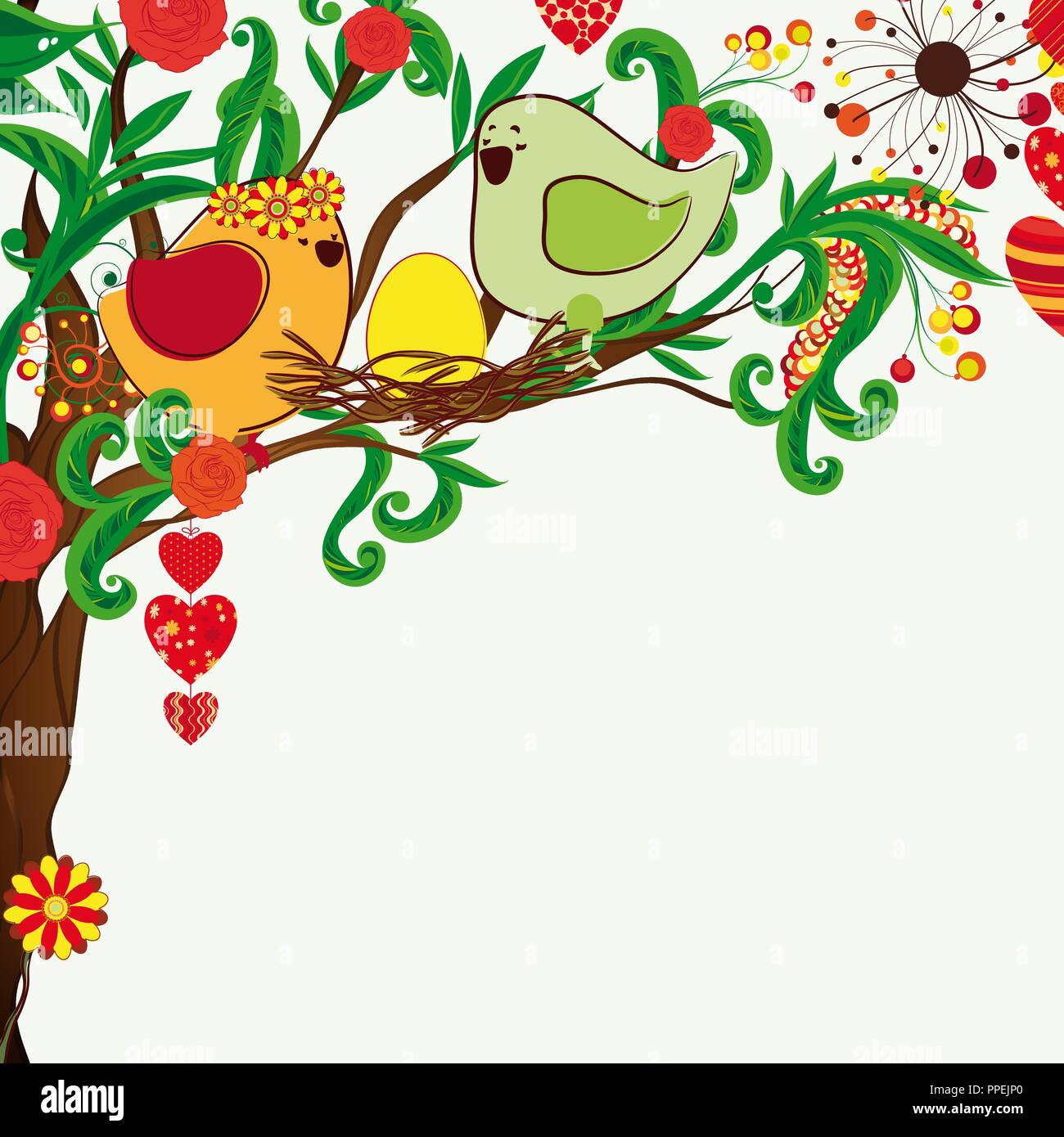 Floral spring background. Couple of birdies and the bloosom fantastic ...