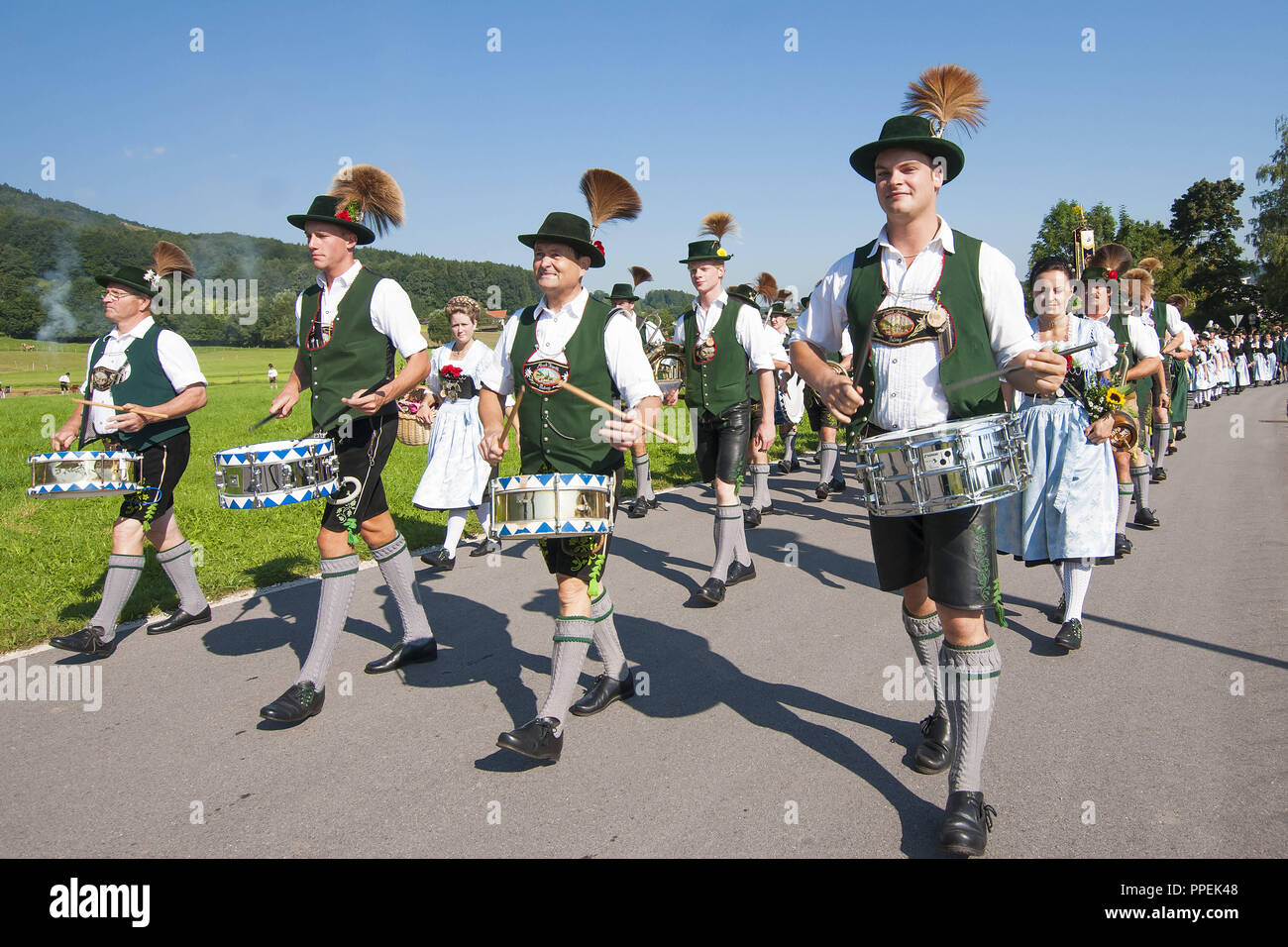 The brass band of Piding in a procession in Anger, Berchtesgadener Land ...
