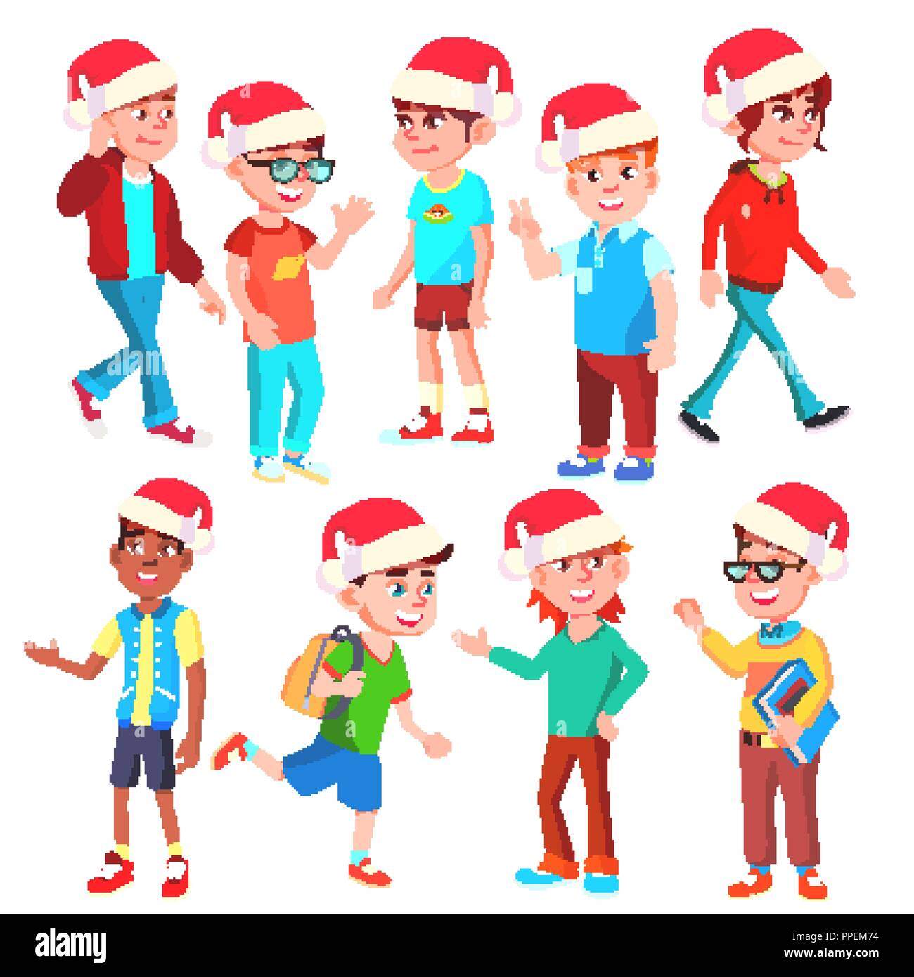 Christmas Children Set Vector. Santa Hat. Boys And Girls. Eve. Isolated ...