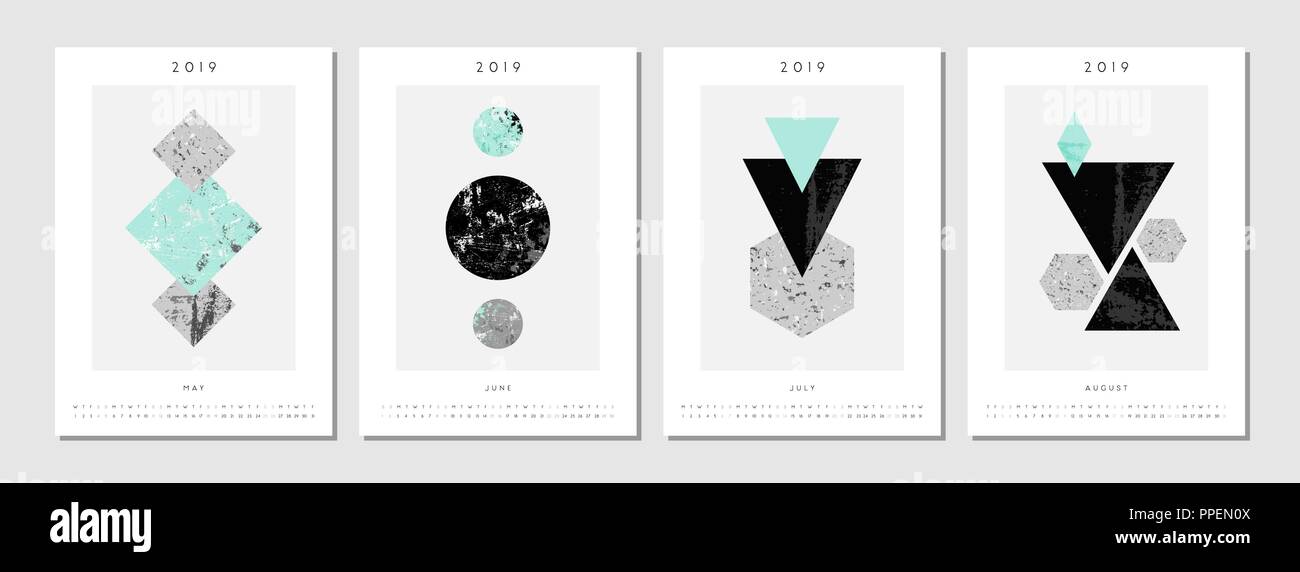 Four printable A4 size 2019 calendar templates for May, June, July and ...