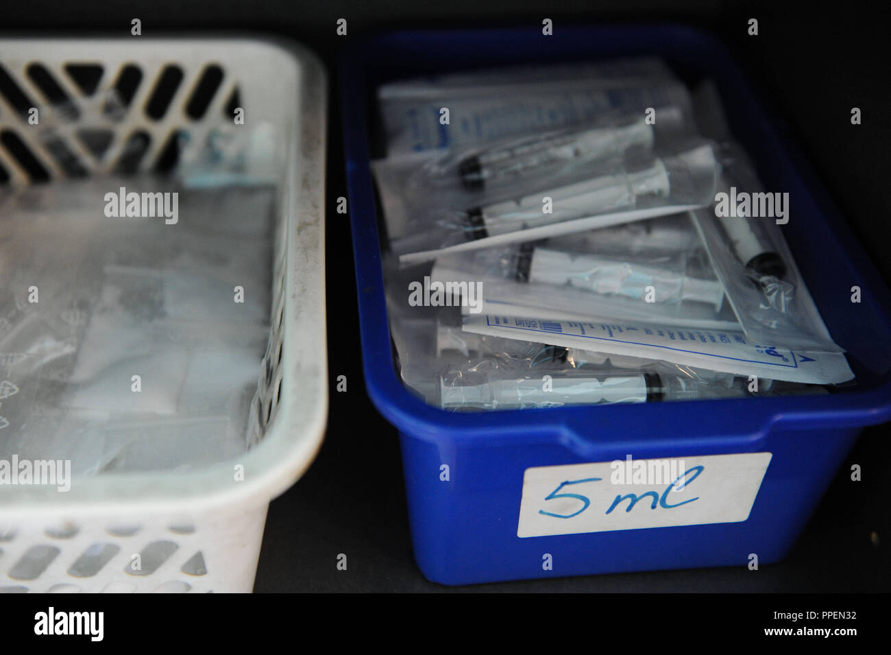 Baskets with syringes in the drug emergency unit L43 in the ...