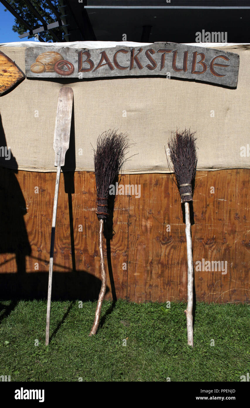 Birch broom in front of a bakery at the medieval market on the ...
