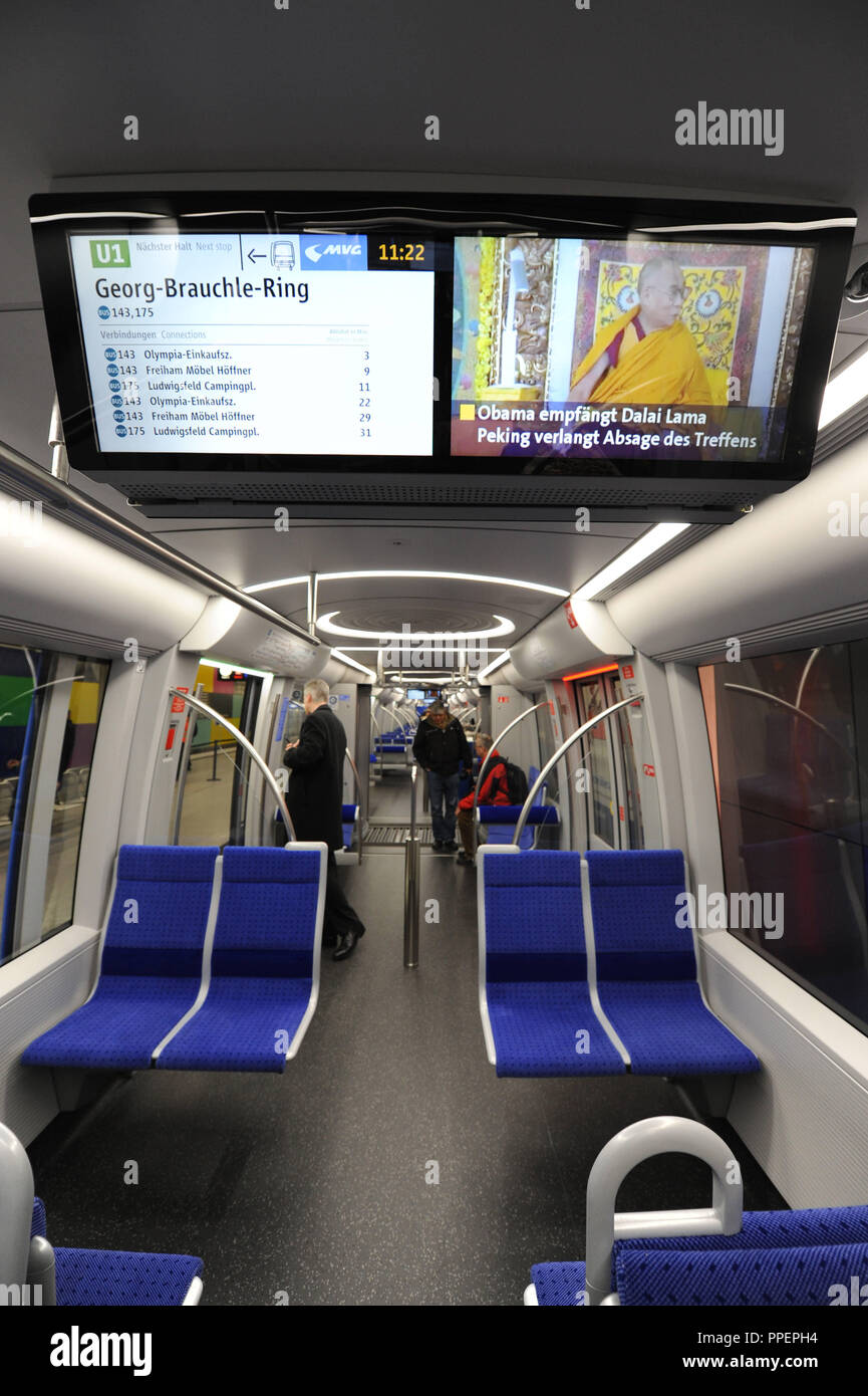 Monitors in the new Type C2 subway train, Munich, Germany Stock Photo ...