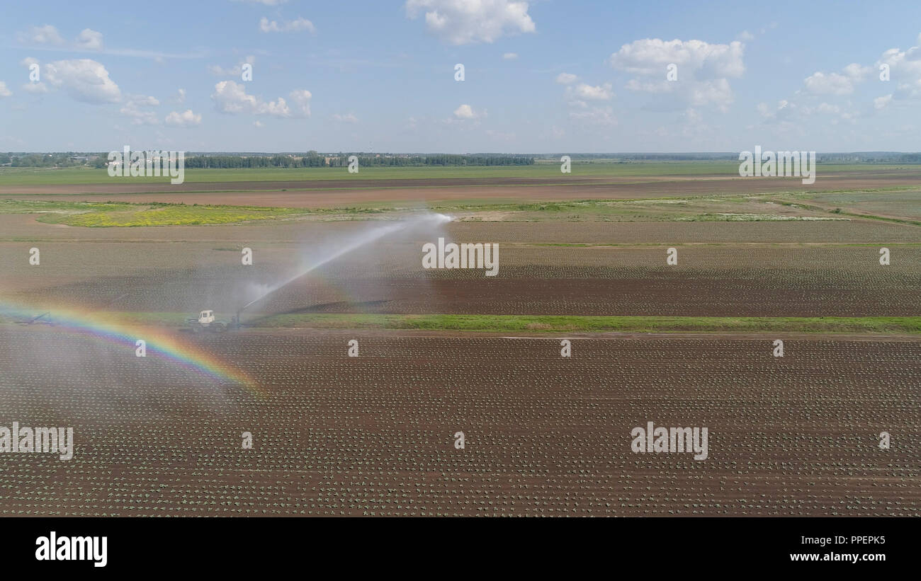 Aerial view of Crop Irrigation using the center pivot sprinkler system ...