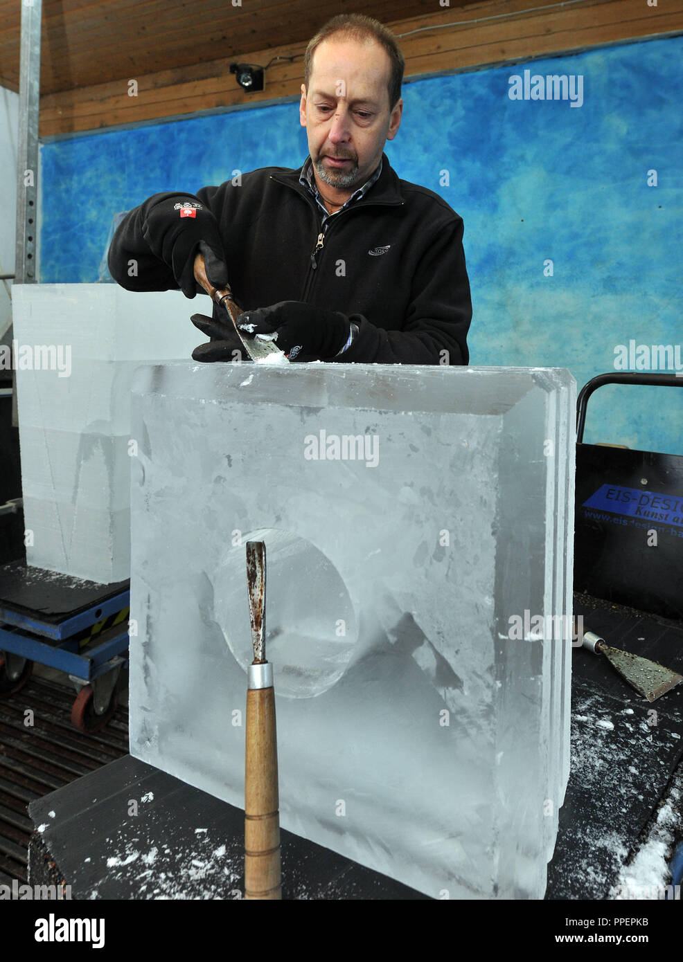 Ice sculptor Klaus Grunenberg at work in his studio in the Swabian Baar ...
