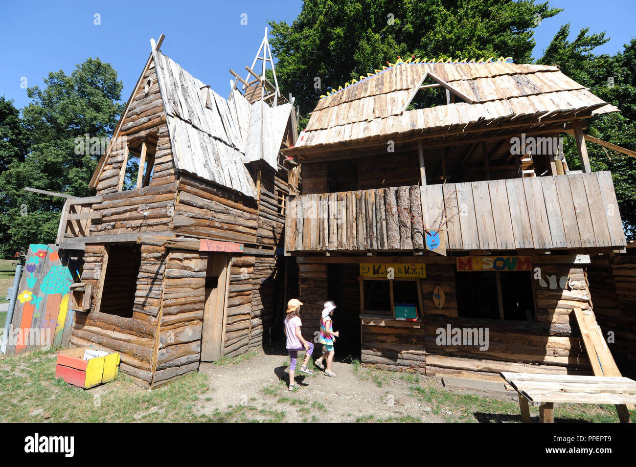 Wood house at the adventure playground in Laim, Munich, Germany Stock ...