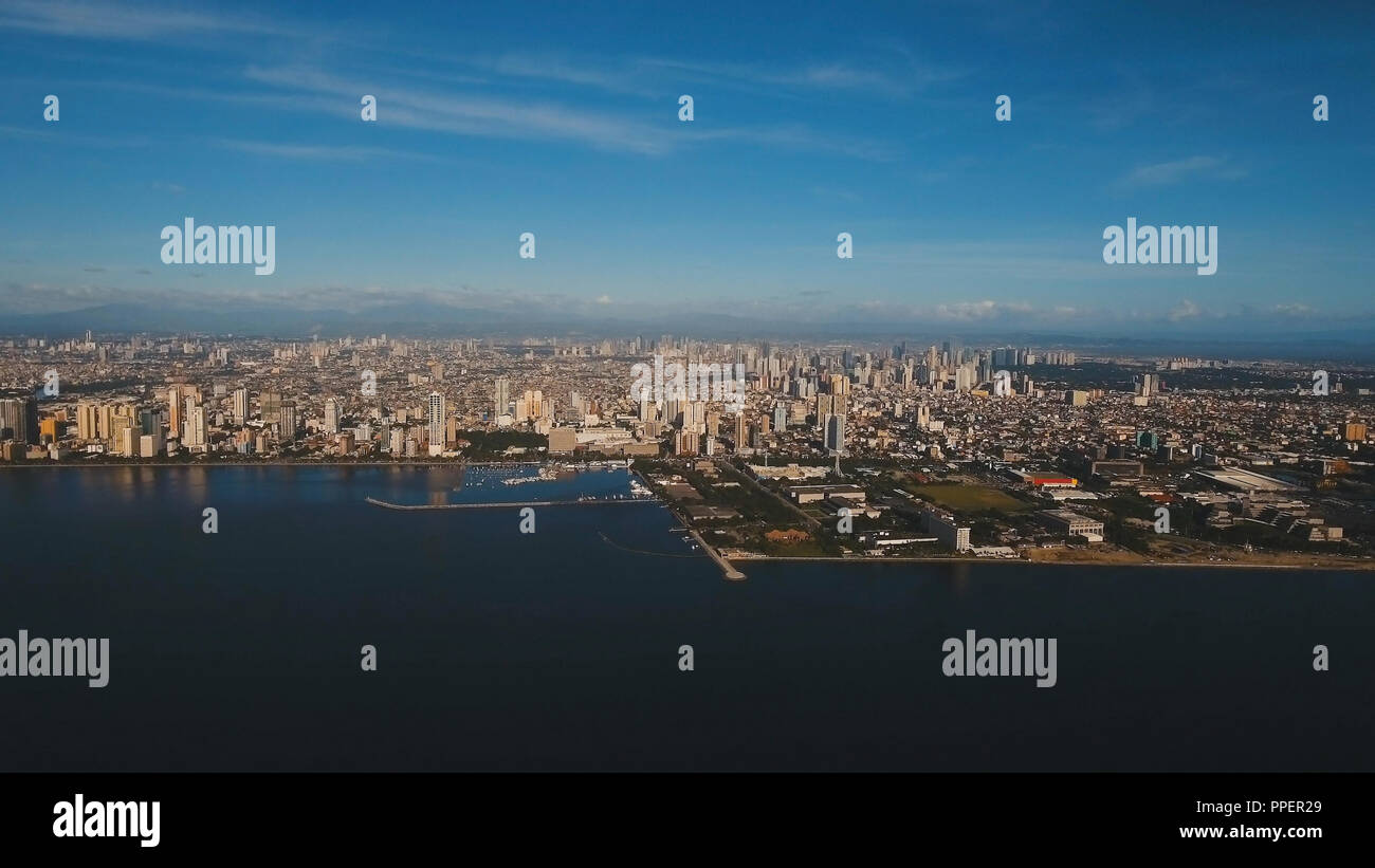 Aerial view skyline of Manila city, Makati. Fly over city with ...