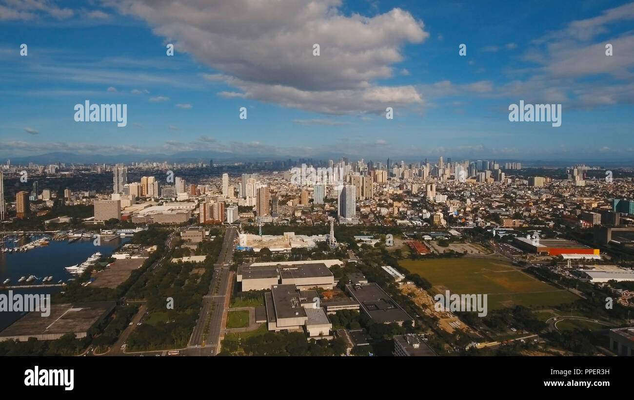 Aerial view skyline of Manila city, Makati. Fly over city with ...