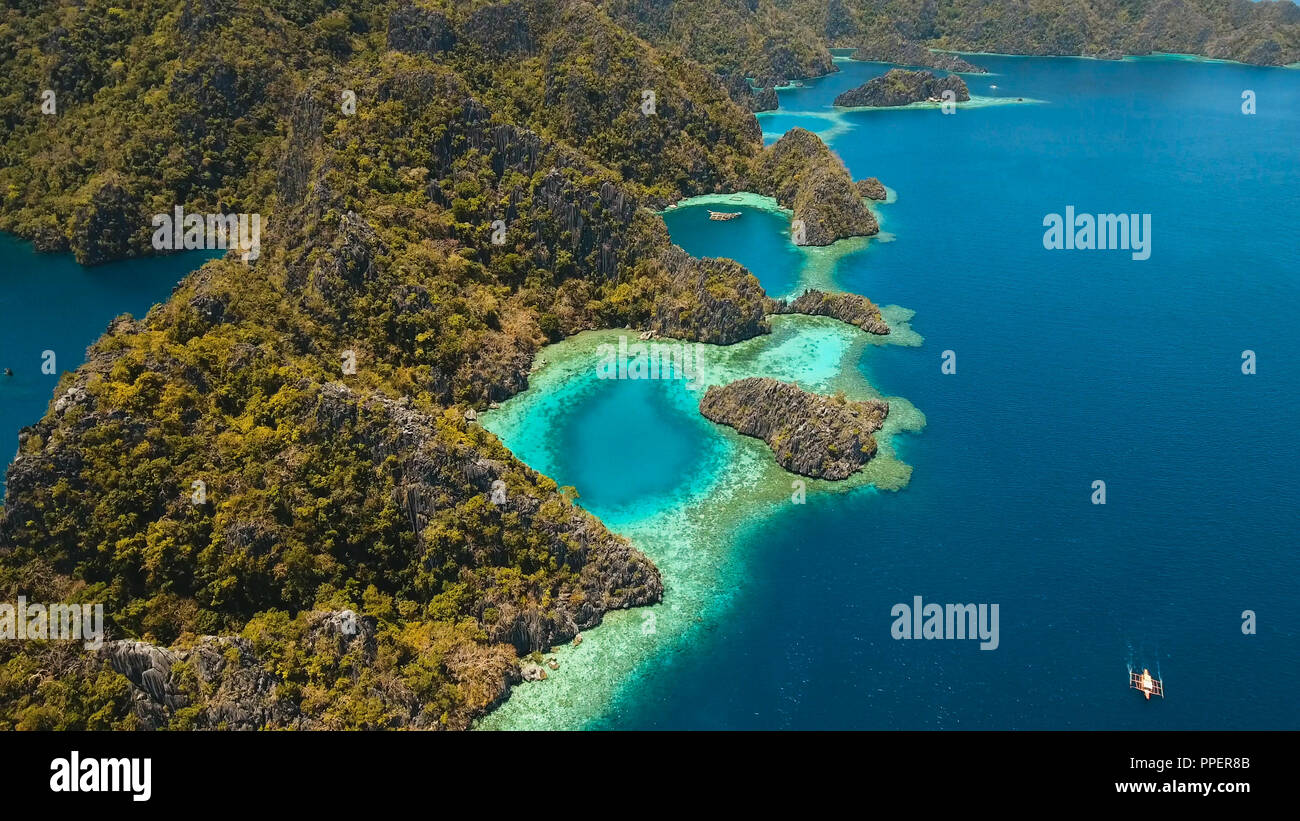 Aerial view: Mountain Barracuda lake, on tropical island, Lagoon with ...