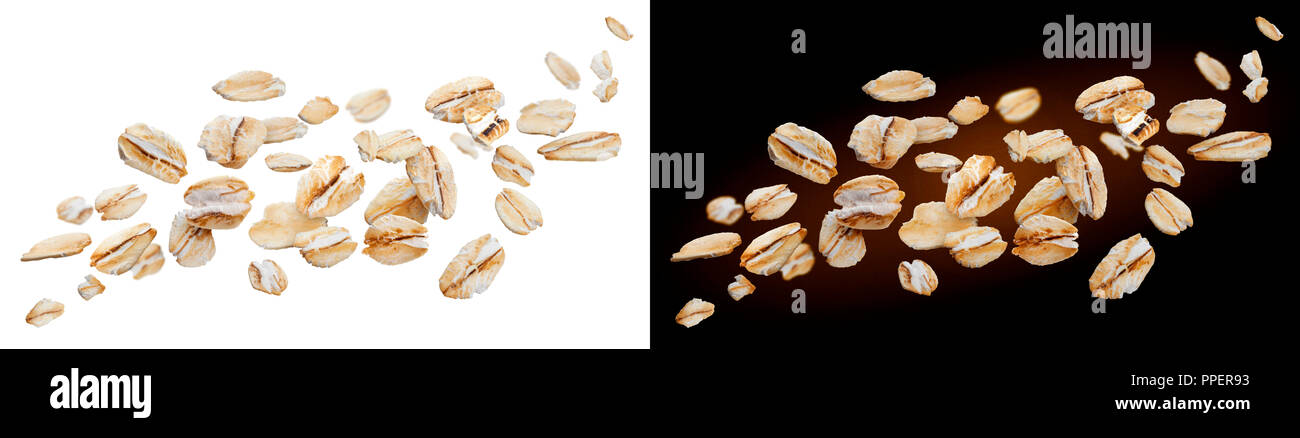 Oat flakes isolated on white and black backgrounds. Falling oats Stock ...
