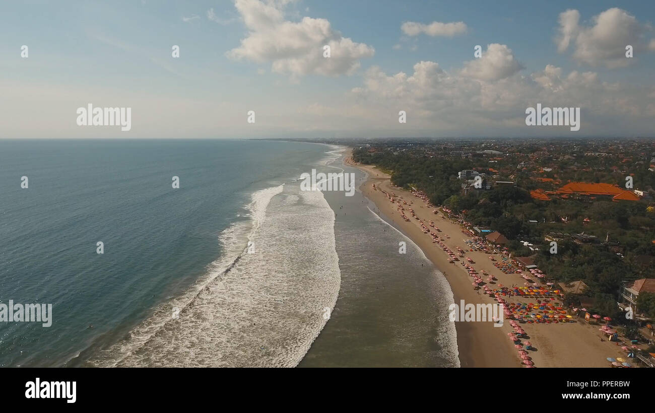 Aerial view of beautiful beach, hotels and tourists, Bali, Kuta ...