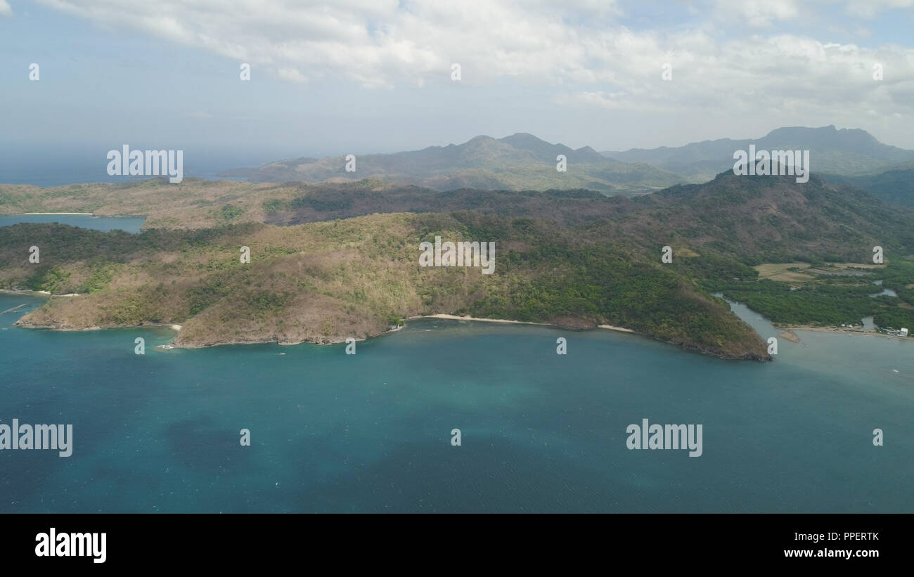 Aerial view of seashore with beach, lagoons and coral reefs ...