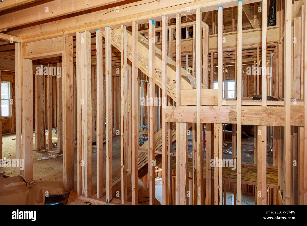 Interior beam frame of a new house under residential construction home ...