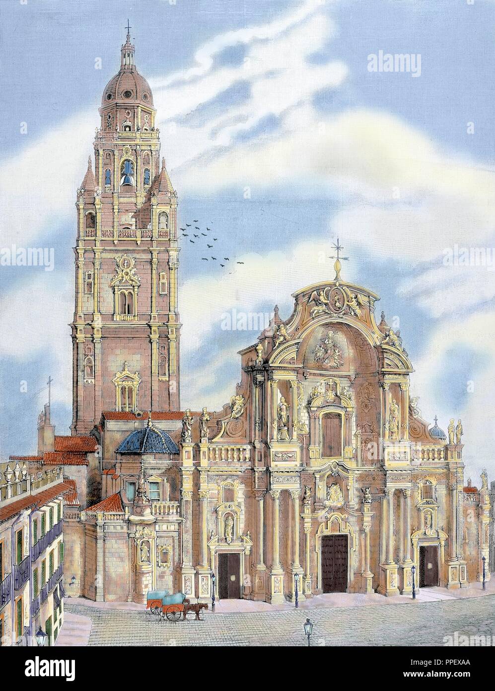 MURCIA. CATHEDRAL. Portico of the main facade and tower. Engraving by ...