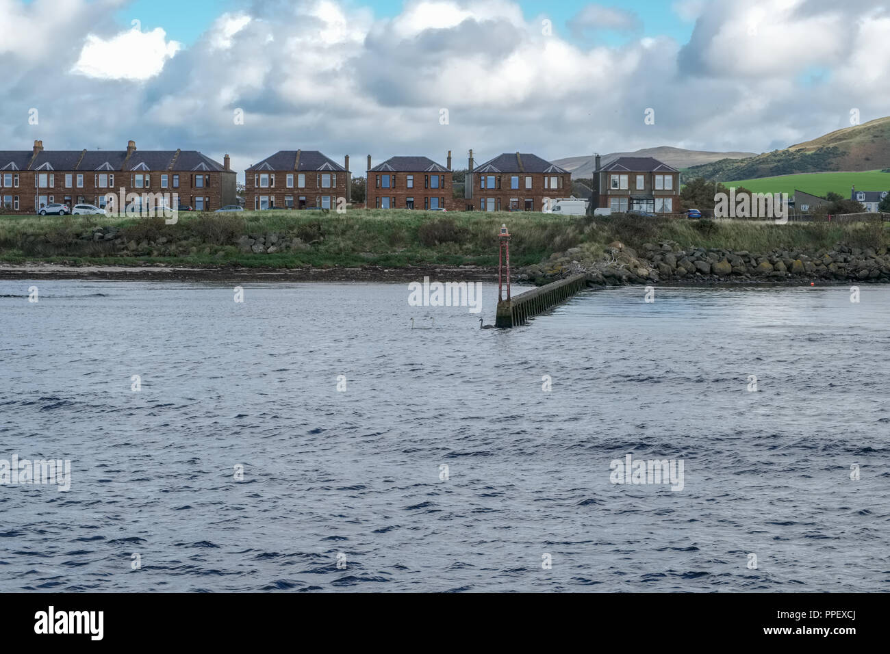 The inner Girvan sea defence wall and its beacon with some swans who ...