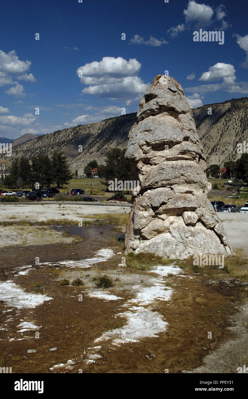 MAMMOTH HOT SPRINGS. Travertine marble mountain and geothermal complex ...