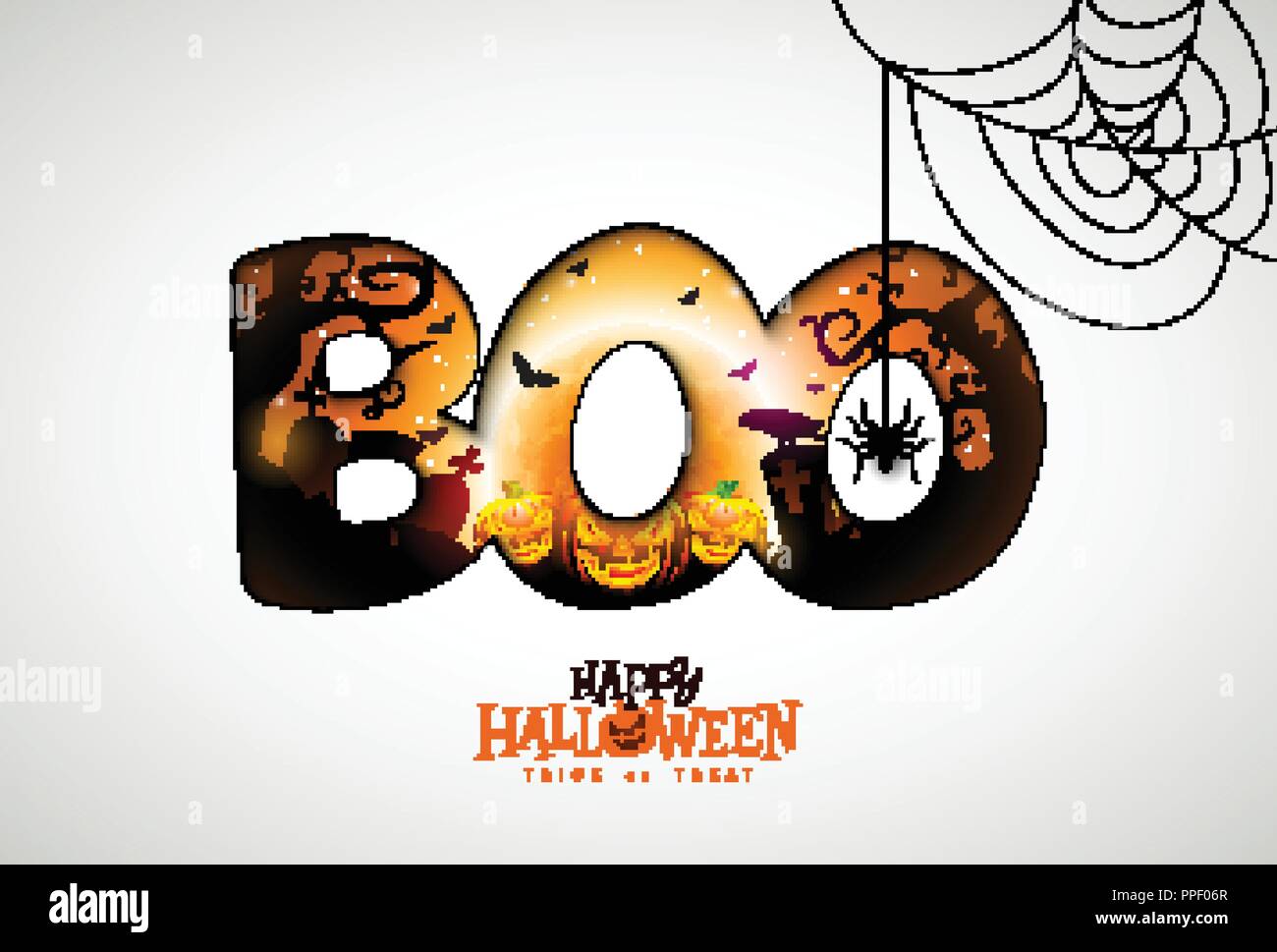 Boo, Happy Halloween design with pumpkin, moon and flying bats in ...