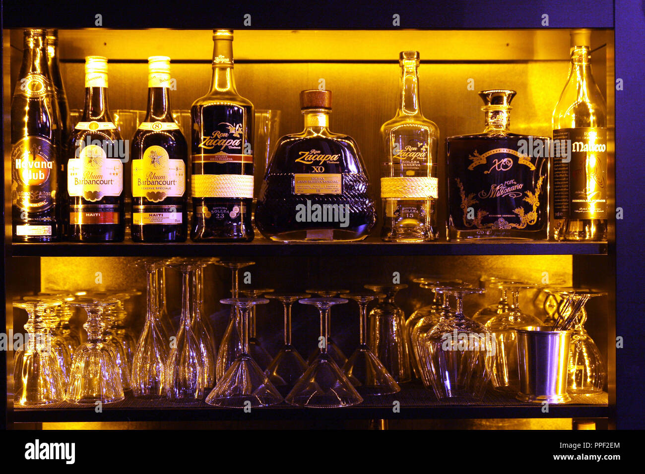 Rum bottles in the New Orleans Bar 'Mr. Mumbles' in the Klenze Street 5 ...