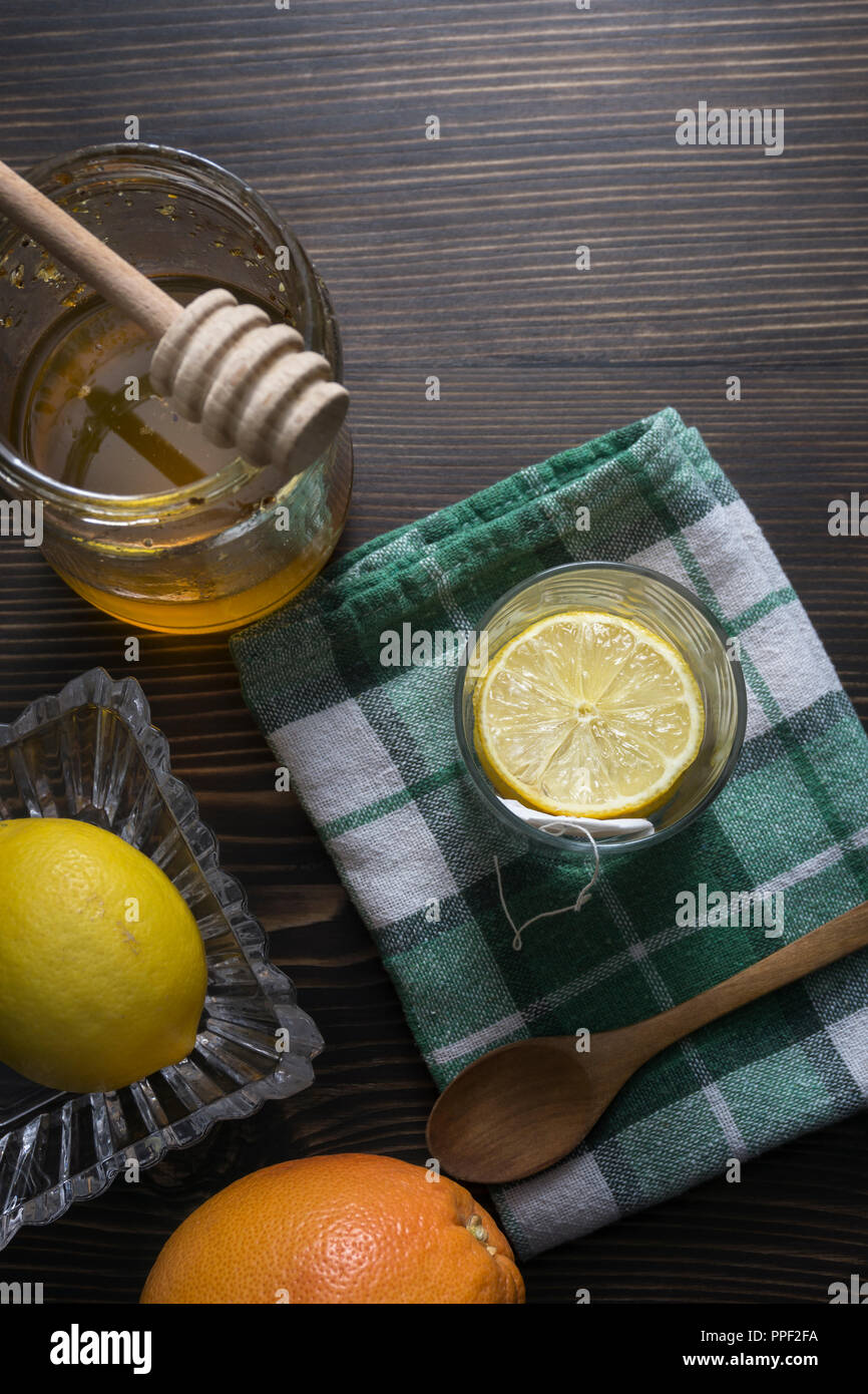 Tea set on vintage background from above top view Stock Photo - Alamy