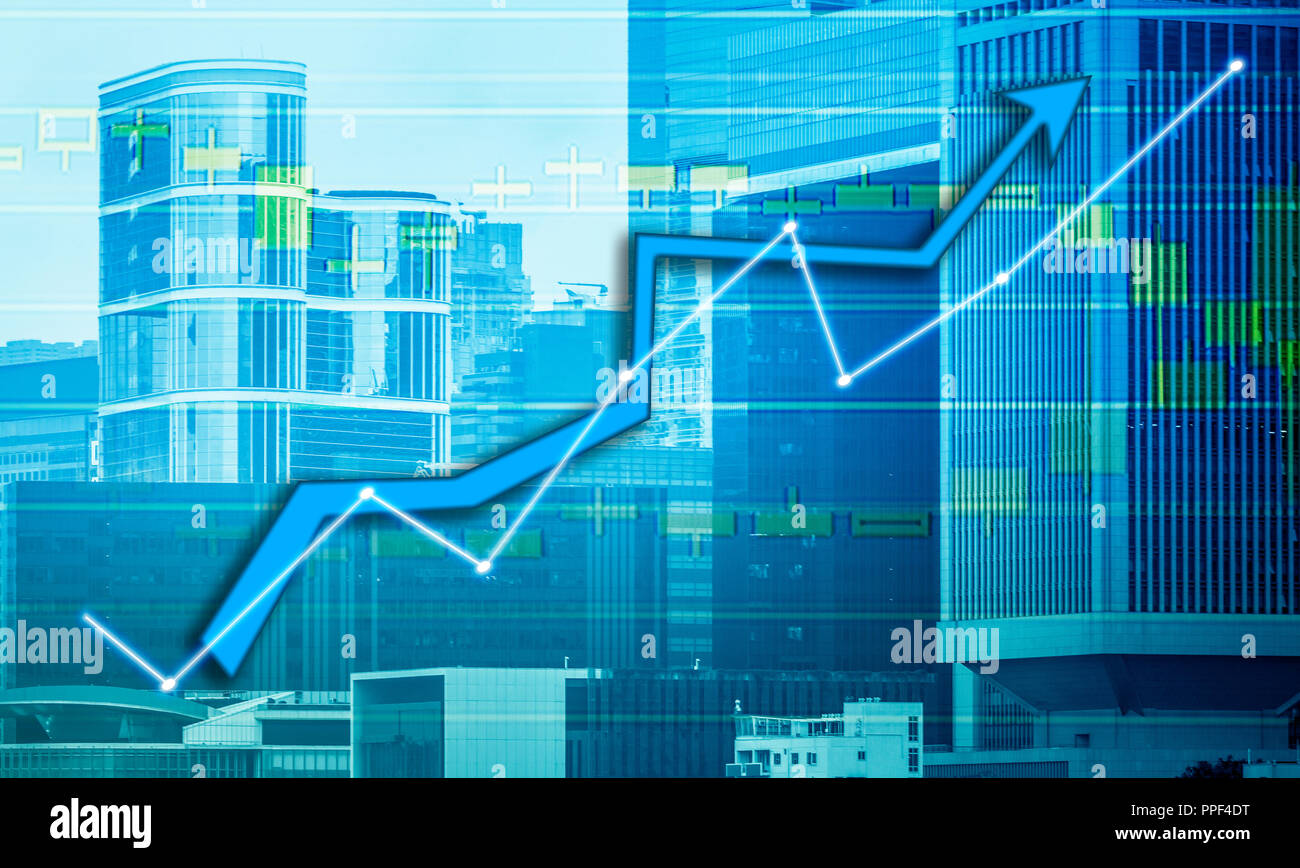 Hong Kong Office buildings with (blue bull chart) graph index of stock ...