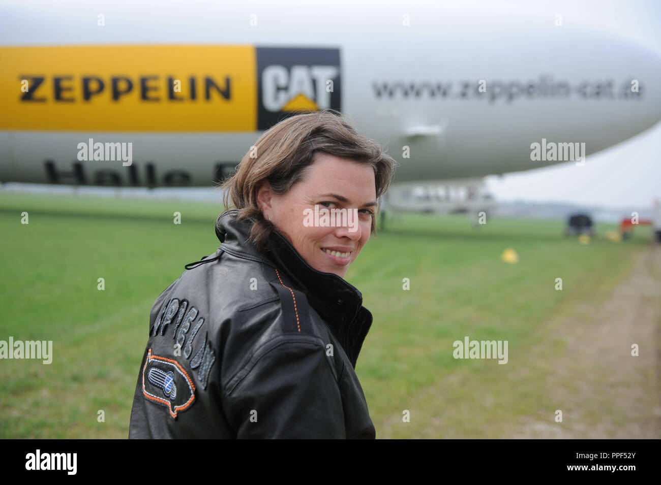 Zeppelin captain Katharine Board in front of her air ship on the ...