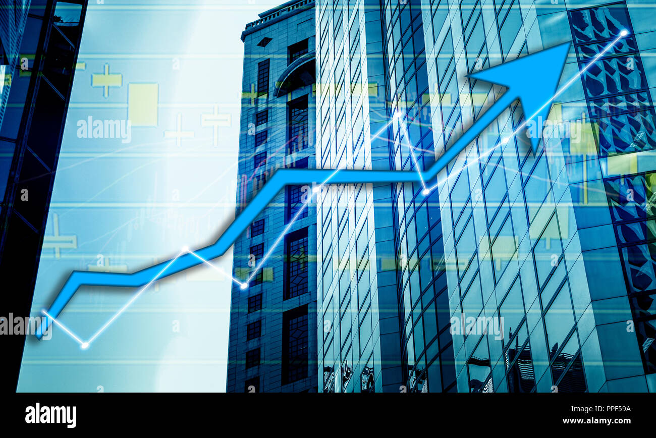 Hong Kong Office buildings with (blue bull chart) graph index of stock ...