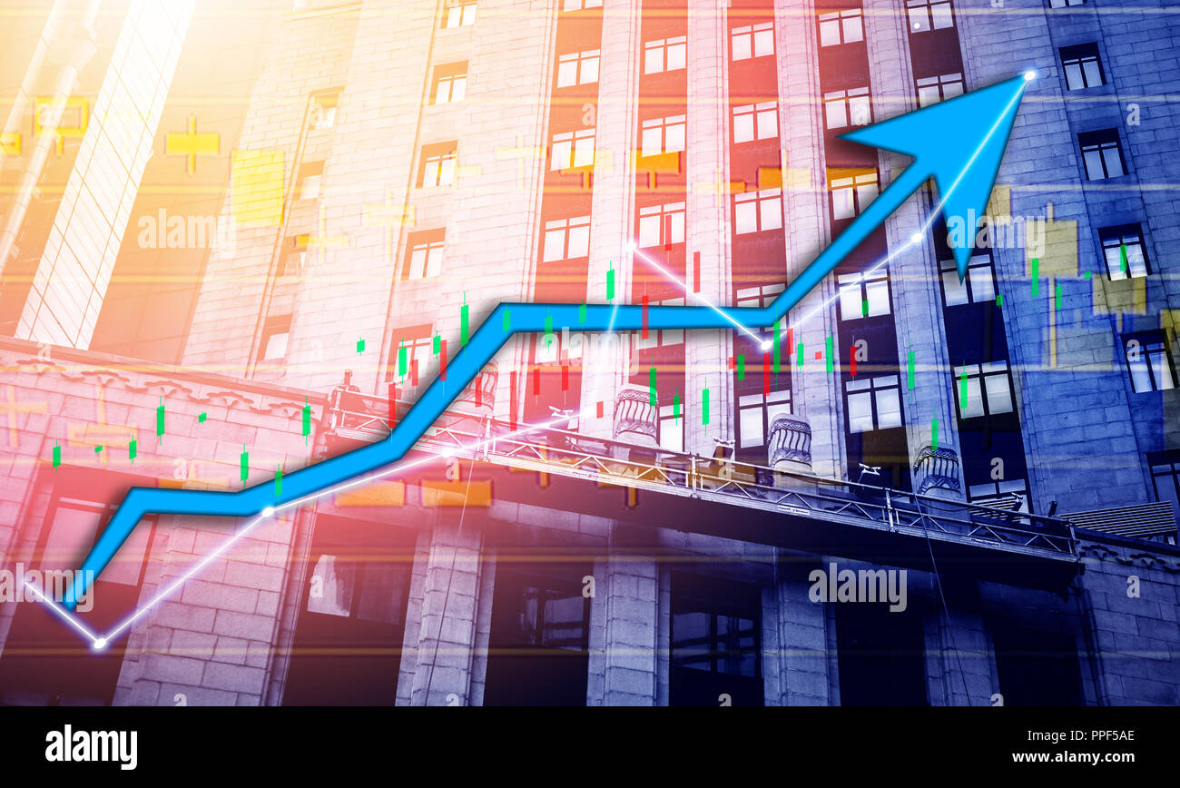 Hong Kong Office buildings with (blue bull chart) graph index of stock ...
