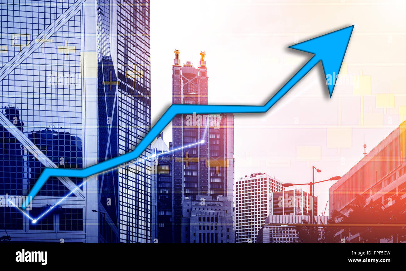 Hong Kong Office buildings with (blue bull chart) graph index of stock ...