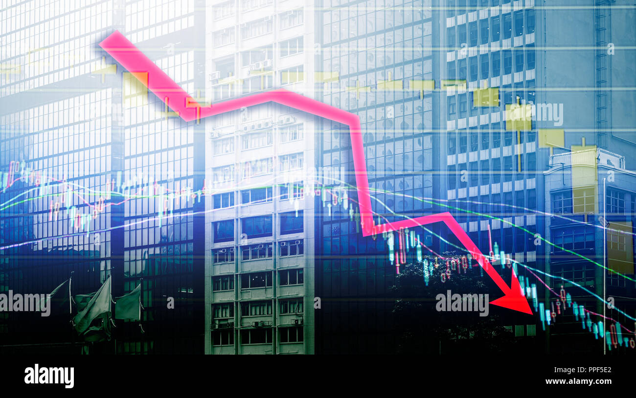 Hong Kong Office buildings with (red bear chart) graph index of stock ...