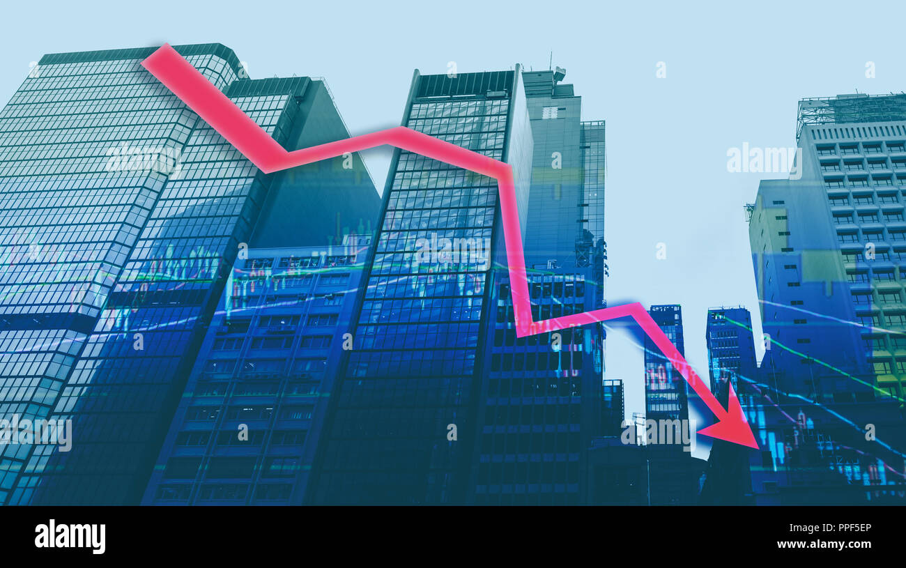 Hong Kong Office buildings with (red bear chart) graph index of stock ...