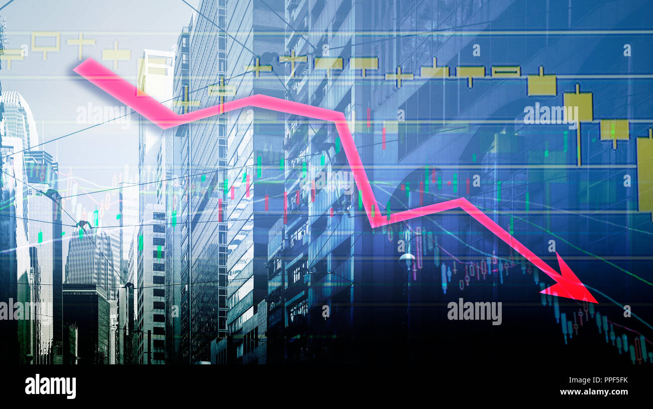 Hong Kong Office buildings with (red bear chart) graph index of stock ...