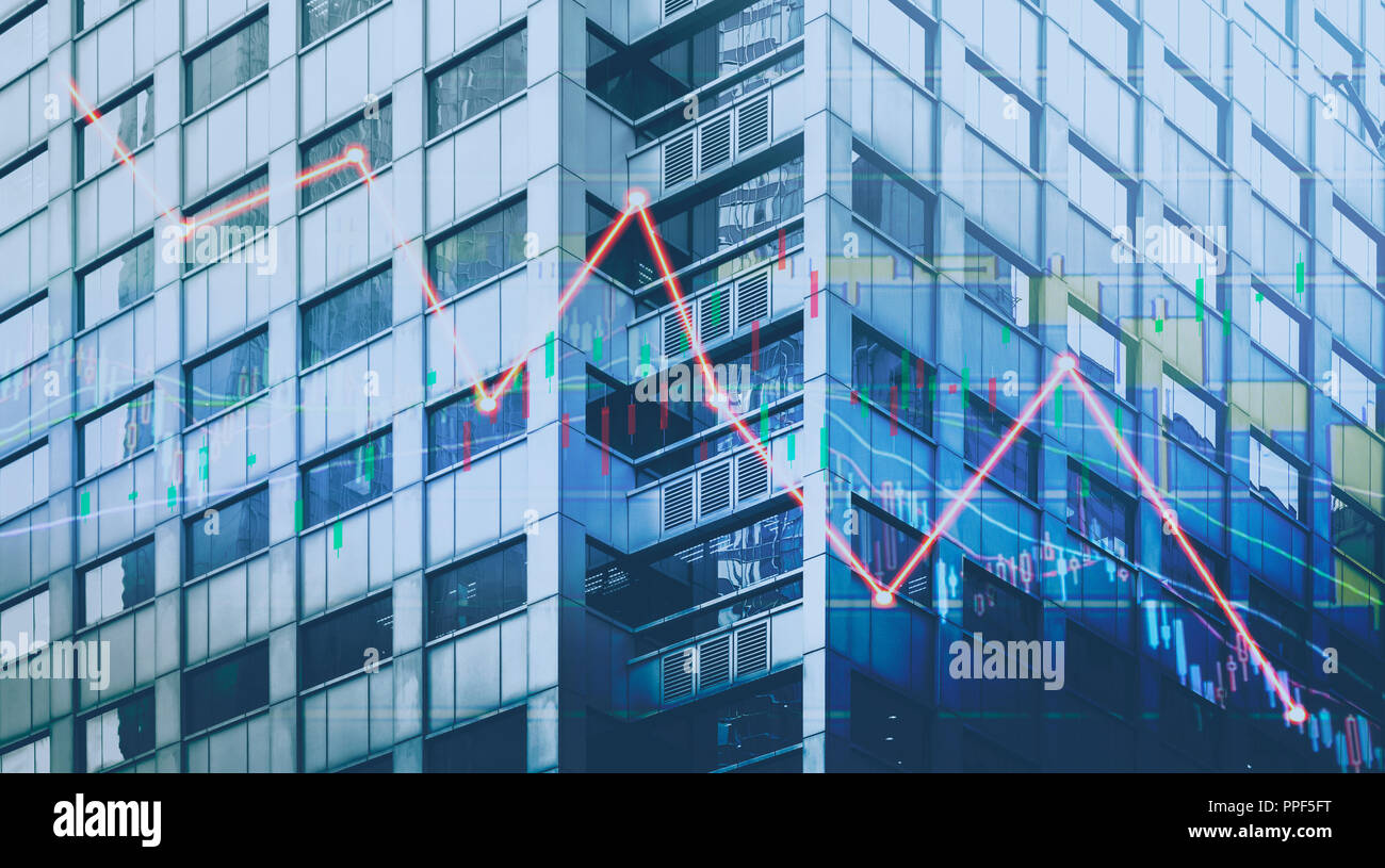 Hong Kong Office buildings with (red bear chart) graph index of stock ...