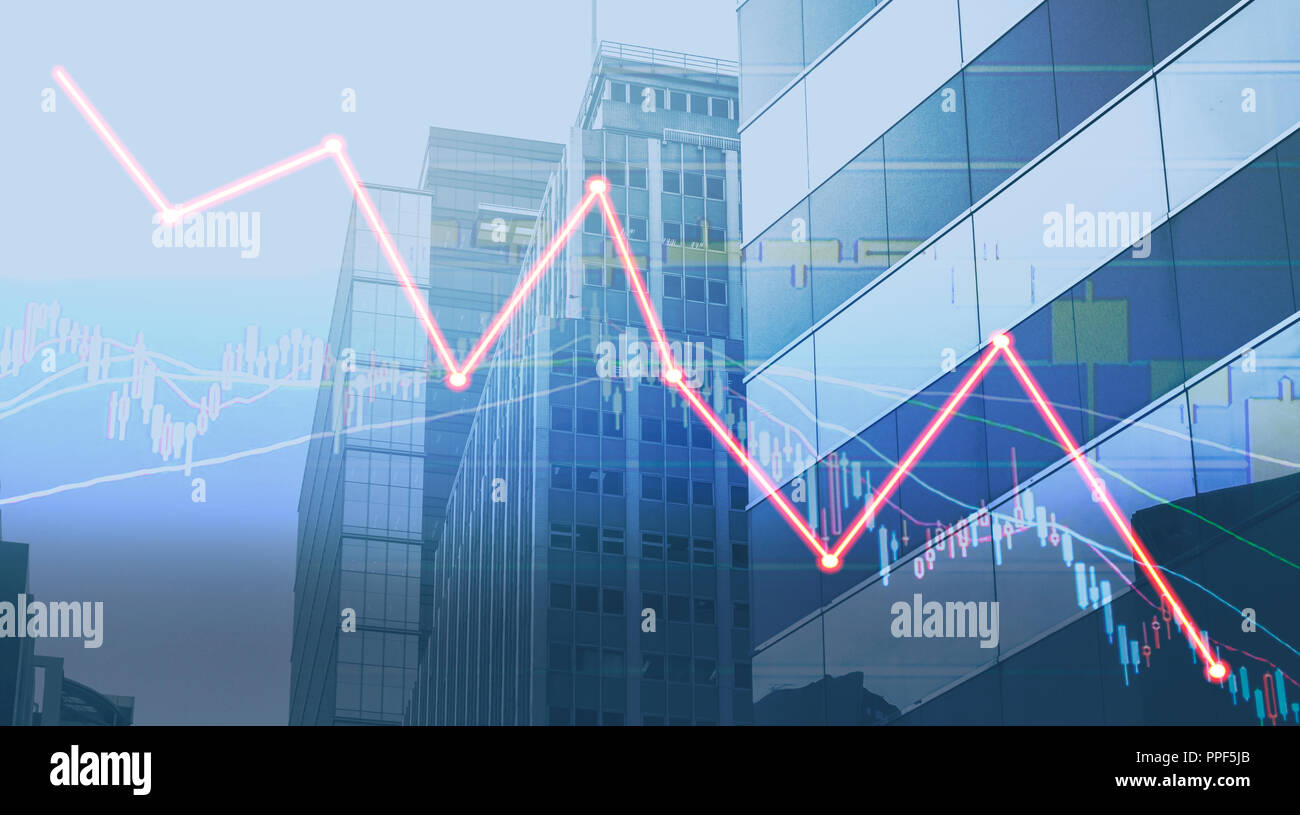 Hong Kong Office buildings with (red bear chart) graph index of stock ...