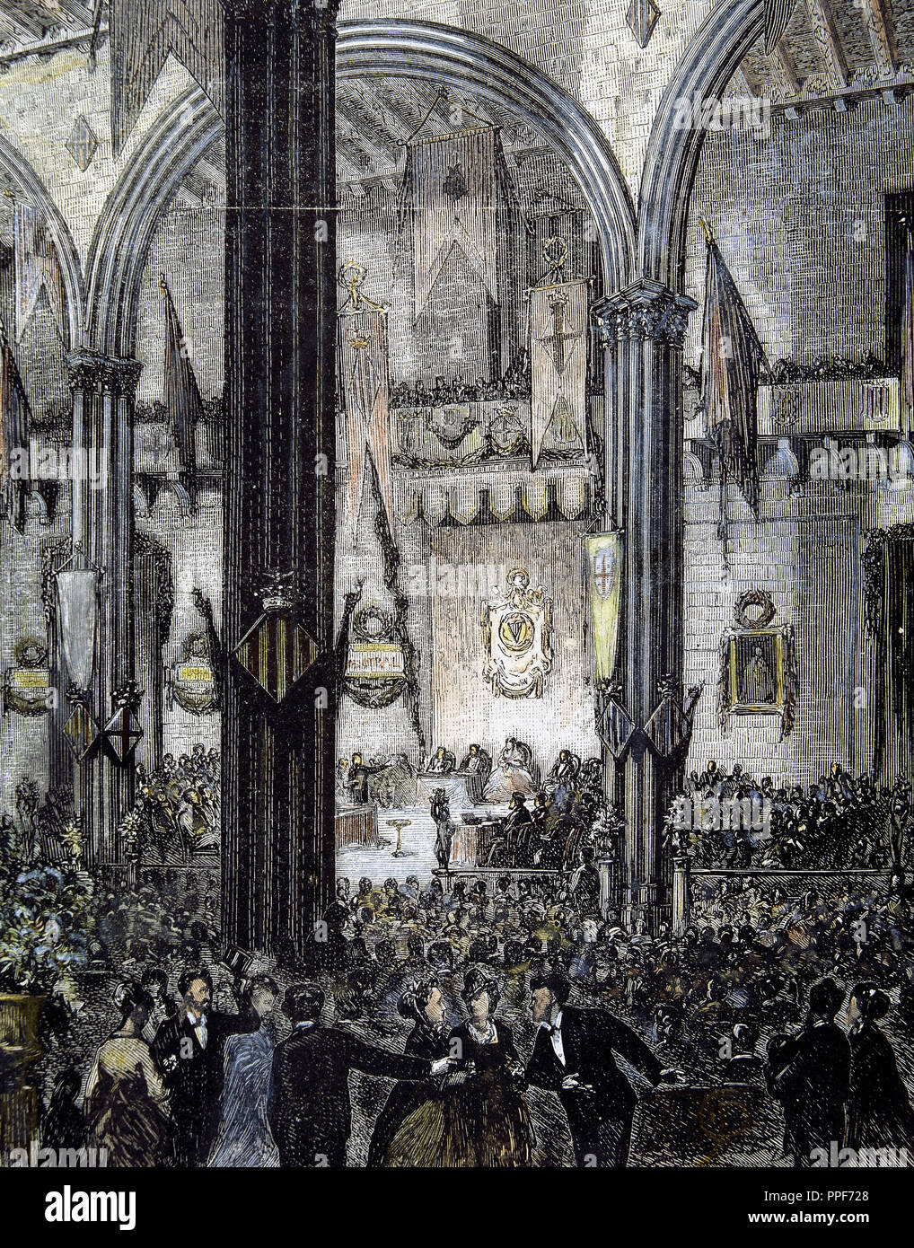 BARCELONA. JUEGOS FLORALES del 1 de mayo de 1870. Grabado coloreado ...