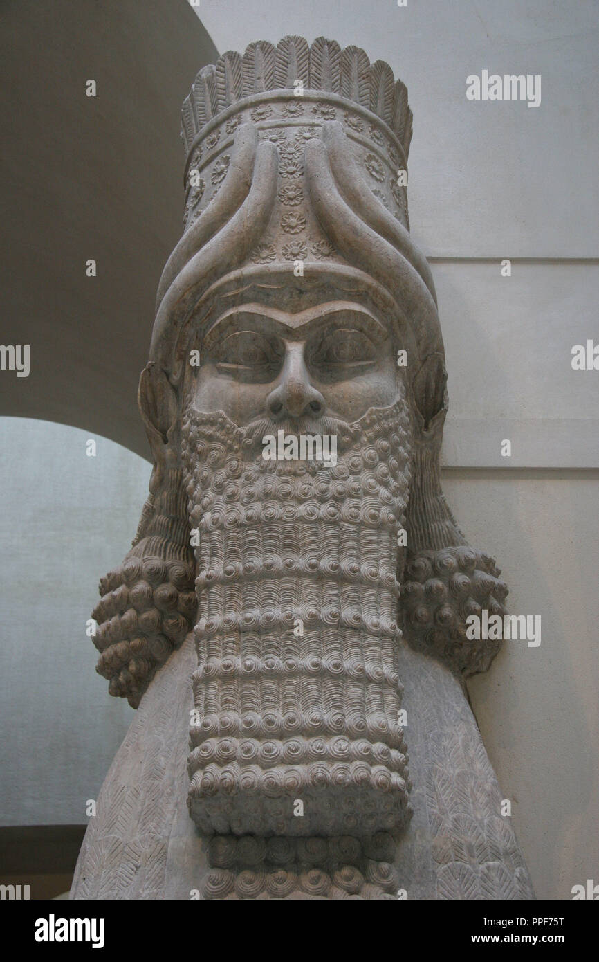 Assyrian Art. "Lamasu" or Bull-man. Detail of the head. Reliefs from ...