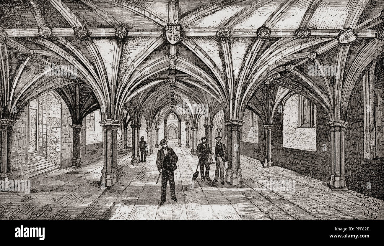 The medieval crypt of Guildhall, London, England in the 19th century ...