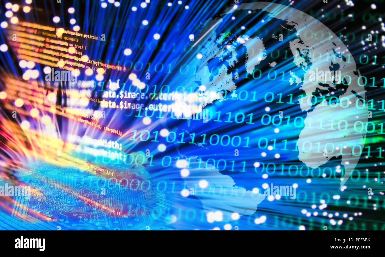 Compositing with globe, fiber optic program code and binary numbers ...