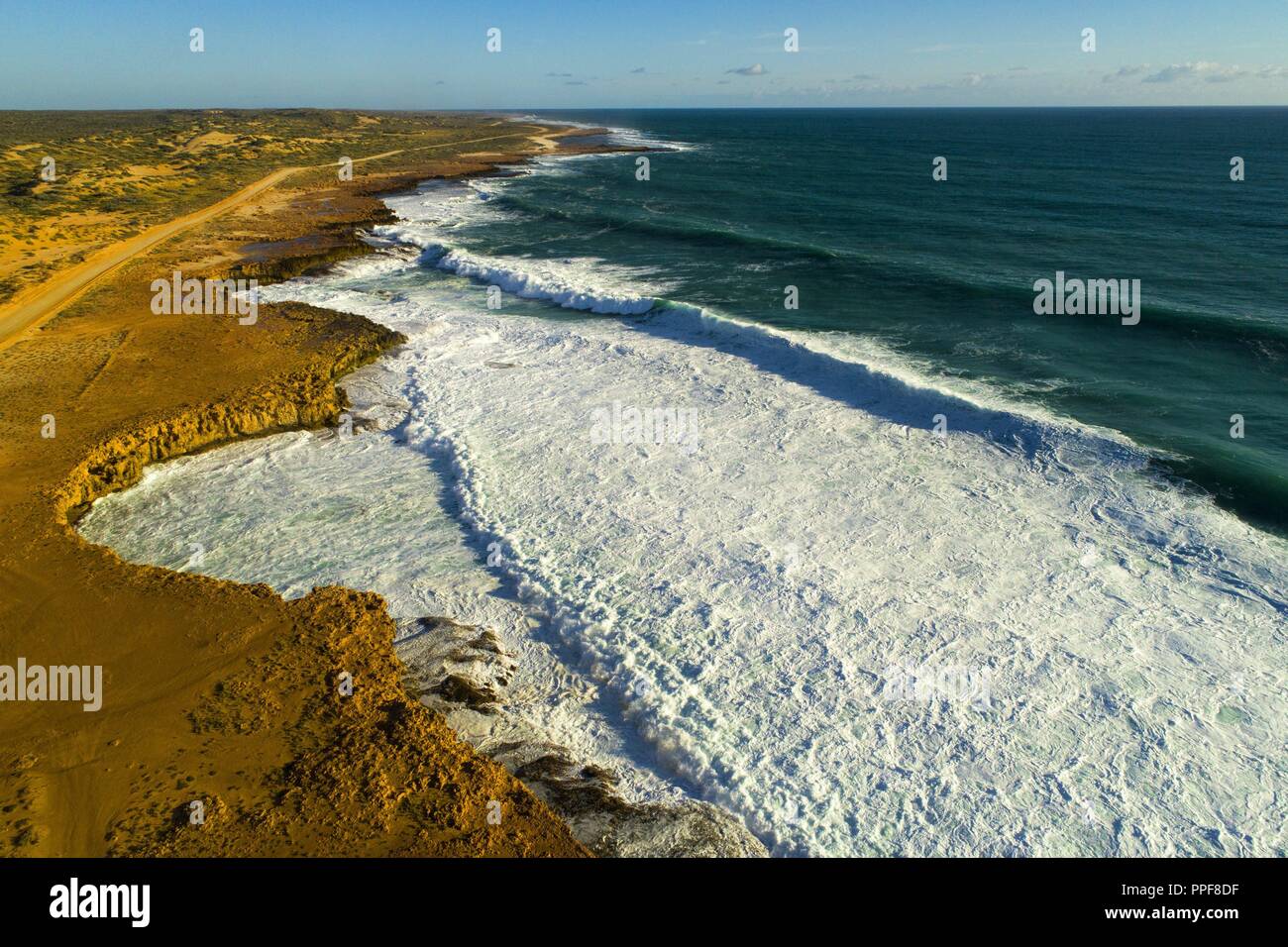 Aerial view of a rugged Australian Coastline, Quobba, The Gascoyne ...