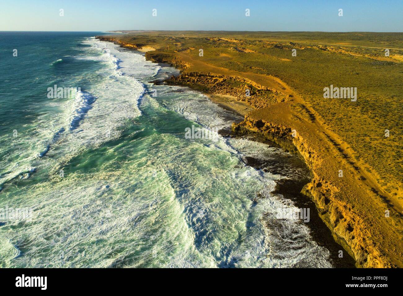 Aerial view of a rugged Australian Coastline, Quobba, The Gascoyne ...