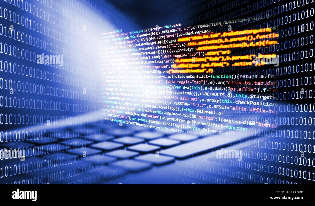 Keyboard with programming code and binary numbers in the background ...