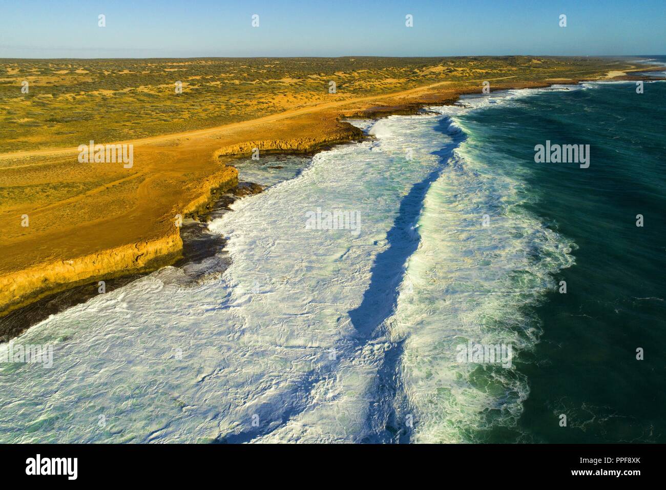 Aerial view of a rugged Australian Coastline, Quobba, The Gascoyne ...